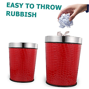 Hohopeti Red Plastic Trash Can with Leather, 1.0 Liters, for Office and Home