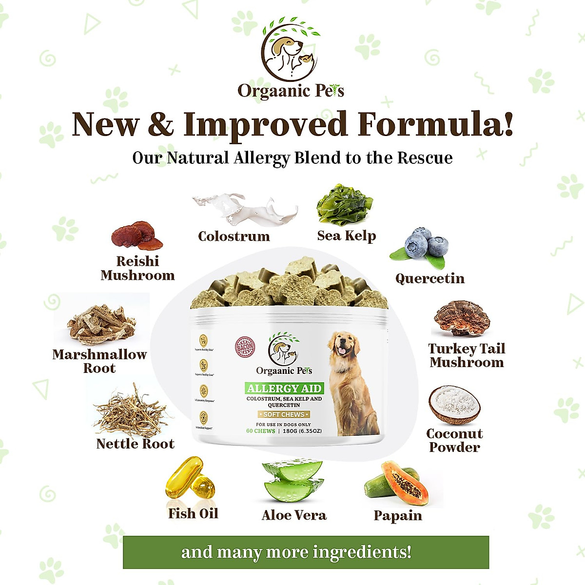 Herbal Dog Allergy Relief with SEA KELP - Colostrum - QUERCETIN - Mushrooms - Omega + 11 Natural Allergy Relief Herbs - Soft Chews for Skin & Seasonal Allergies