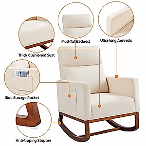Yaheetech Rocking Chair Nursery Glider Chair with Rubber Wood Legs Side Pocket, Rocking Accent Armchair High Back for Bedroom, Beige
