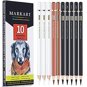 MARKART Professional Charcoal Pencils Drawing Set 10 Pieces Colour Charcoal Pencils for Drawing, Sketching, Shading, Blending, Sketch Highlight White Pencils for Beginners & Artists
