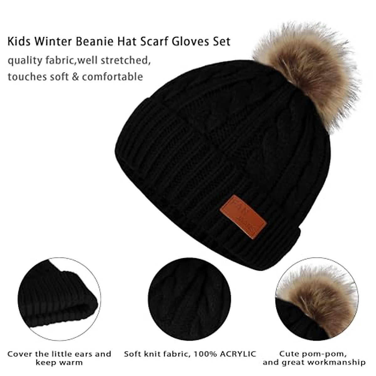 Kids Hat Scarf Gloves Set, Kids Winter Beanie Hat Scarf Gloves Set with Knit Thick Warm Fleece Lined for 3-6 Years Old