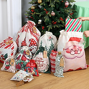 POPGIFTU Christmas Canvas Gift Bags with Drawstring, 12 PCs Christmas Santa Sack, Reusable Cotton Xmas Sack Cloth Bag for Xmas Package Storage, Christmas Party Supplies Favors