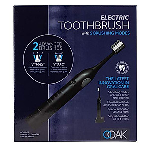 Ooak Electric Toothbrush with 5 Brushing Modes, 2 Advanced Brushes, Black