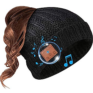 Beanie Hat Compatible with Bluetooth Headphone Ponytail Warm Beanies for Women Built-in Microphone (Black)