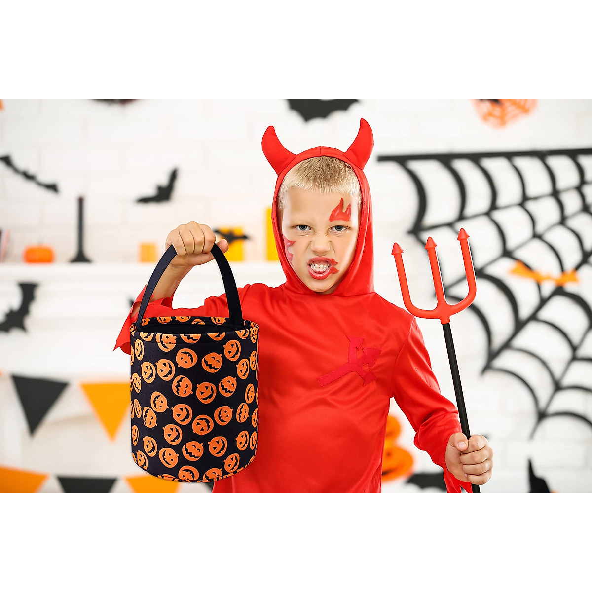 Jolly Jon Halloween Trick or Treat Bags - Kids Candy Bucket Tote Bag - Pumpkin Design on Black Basket - 9.5 x 9 inches
