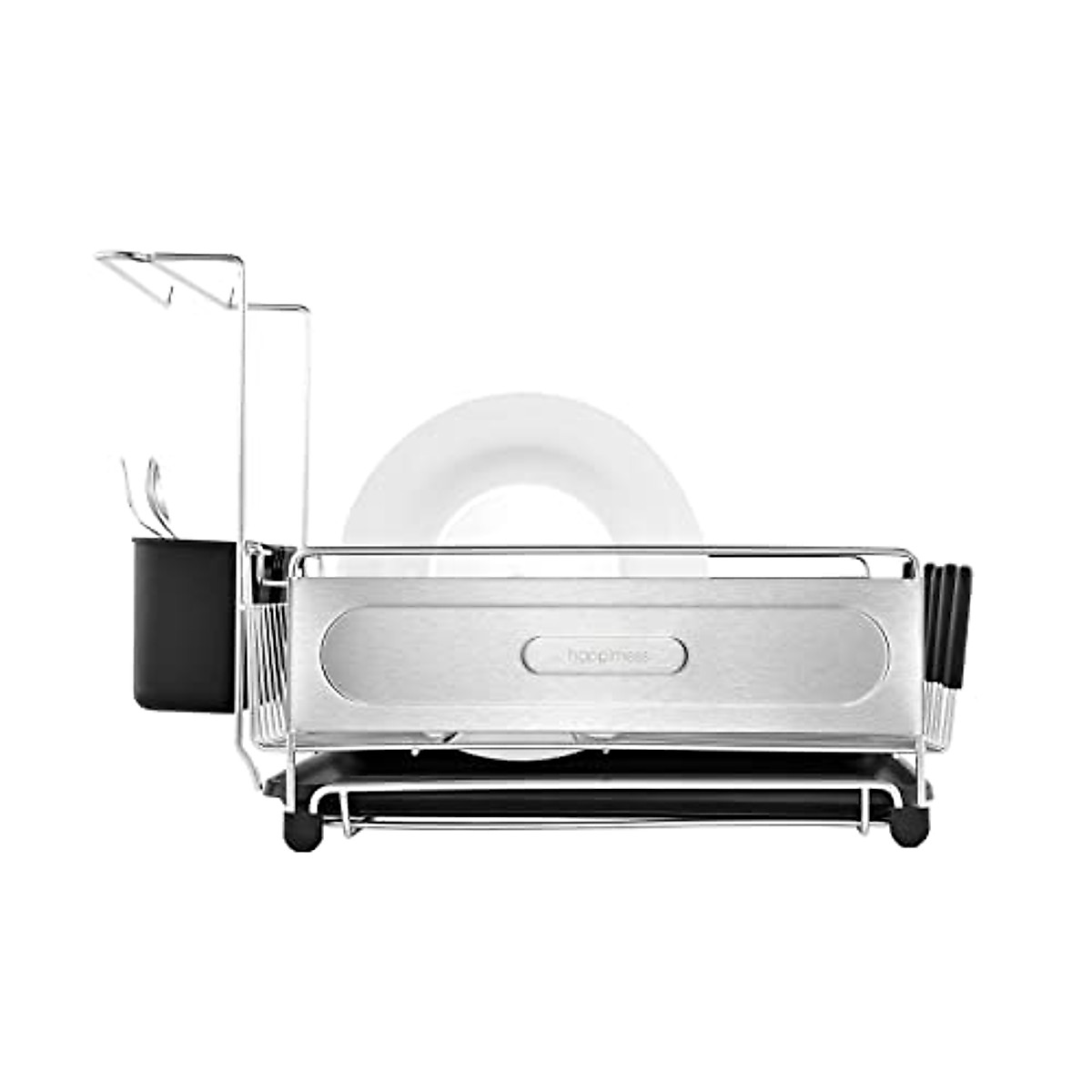 happimess DSH1000A Compact 17.25" Fingerprint-Proof Stainless Steel Dish Drying Rack, Dish Rack with Wine Glass Holder, Utensil Holder, Stainless Steel/Black, Silver/Black