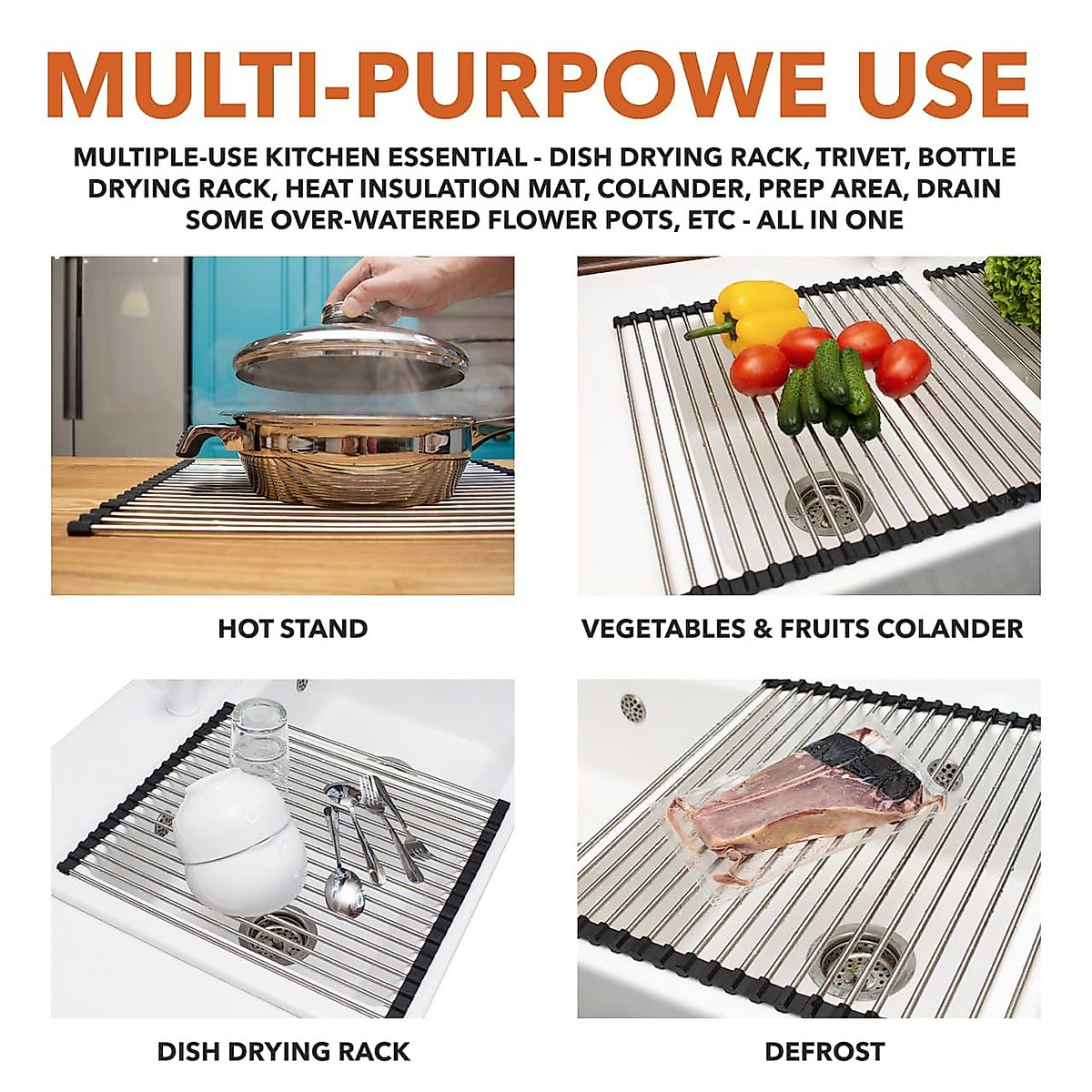 Roll Up Dish Drying Rack 21" x 16" - Over The Sink for Kitchen Counter, Foldable SUS304 Stainless Steel Dish Drying Rack for Cups, Utensils, Fruits, Vegetables