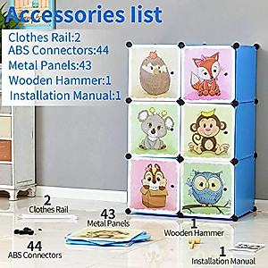 BRIAN & DANY Portable Cartoon Clothes Closet DIY Modular Storage Organizer, Sturdy and Safe Wardrobe for Children and Kids, 8 Cubes&2 Hanging Sections, 30% Deeper Than Standard Version, Blue