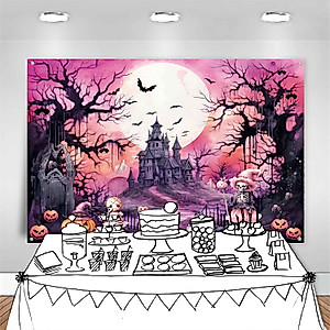 LDWLYW Pink Halloween Backdrop Scary Halloween Backdrops for Photography Background Full Moon Haunted House Halloween Party Decorations Outdoor Witch Birthday Banner for Girl Kids 7x5ft