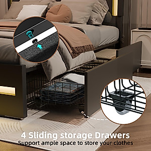 DYHOME Queen Bed Frame with LED Lights and 4 Storage Drawers, Upholstered Platform LED Bed Frame Queen Size with Charging Station Button PU Leather Headboard, No Box Spring Needed, Black