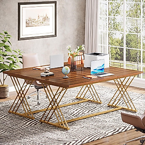 Tribesigns 63" x 31.5" Large Computer Desk, Modern Wood Home Office Desk, Computer Table Executive Desk, Study Writing Table Workstation for Living Room Bedroom Office, Brown + Gold Metal Frame
