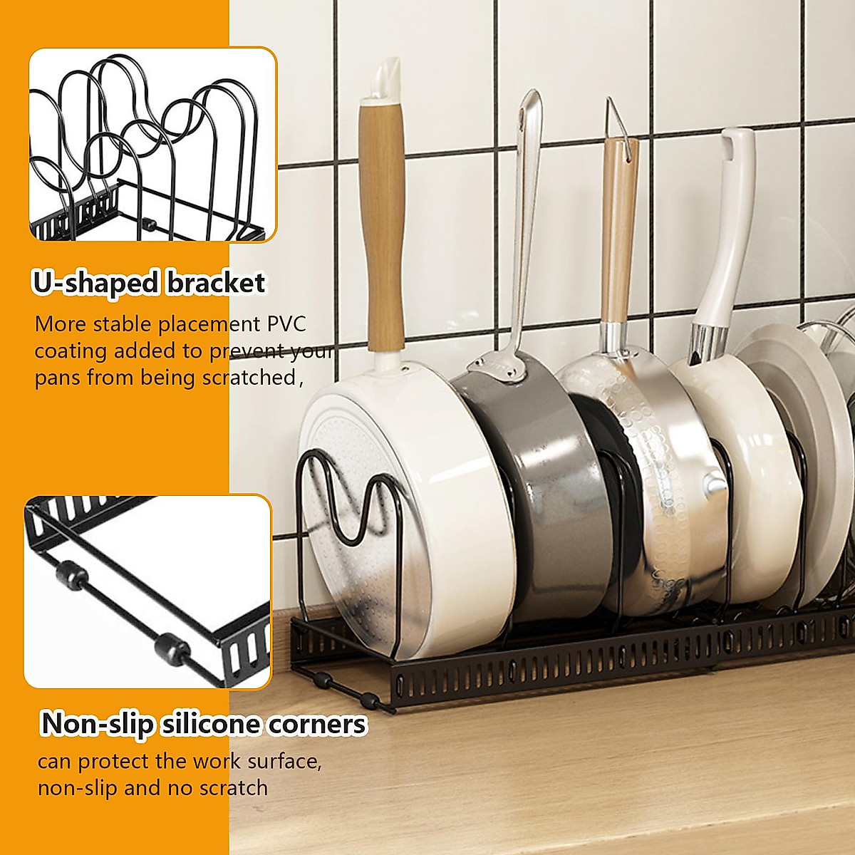 Pots and Pans Organizer, Expandable Pot and Pan Organizer for Cabinet, Pan Organizer Rack for Cabinet with 10 Adjustable Dividers, Pot Lid Organizer, Black Pot Organizer Rack for Under Cabinet