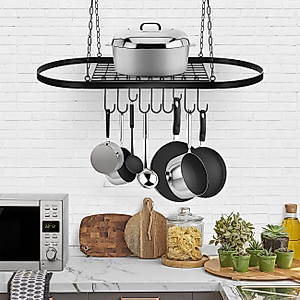 Sorbus® Pot and Pan Rack for Ceiling with Hooks — Decorative Oval Mounted Storage Rack — Multi-Purpose Organizer for Home, Restaurant, Kitchen Cookware, Utensils, Books, Household (Hanging Chrome)