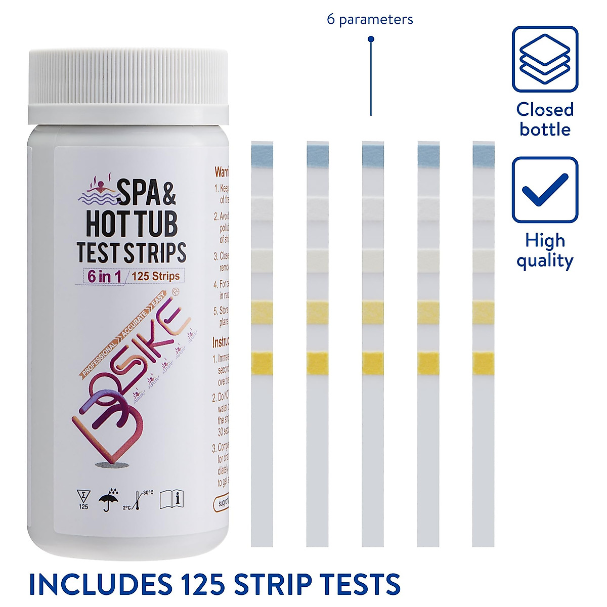 BOSIKE 6 in 1 Hot Tub Test Strips - 125 ct - Water Testing Kit for Swimming Pool & Spa - Tester for Hardness, Total & Free Chlorine, Bromine, Alkalinity & pH