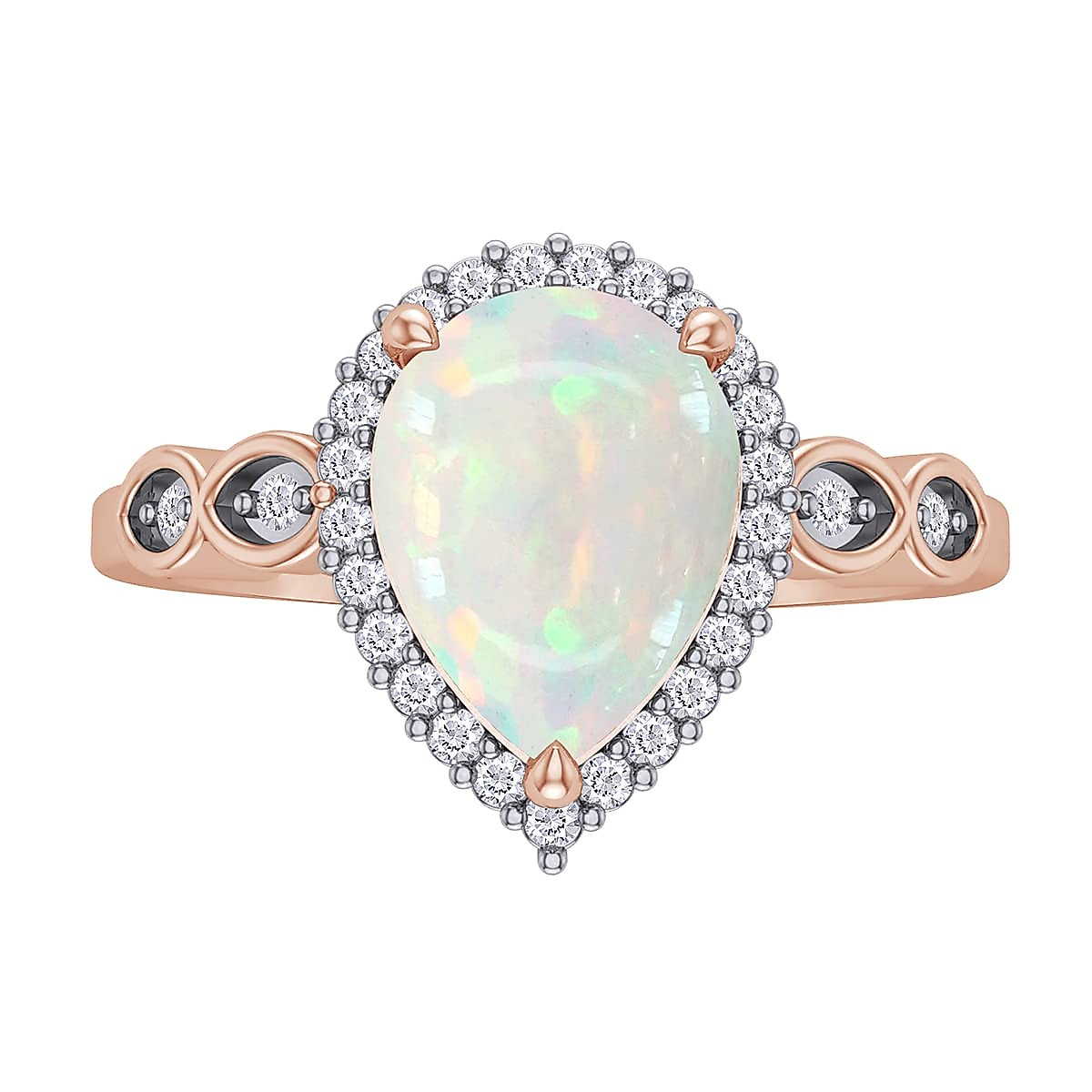 GEMVIO Collection 1 Carat CT 8X6MM Pear Cut Natural White Opal Gemstone & Diamond Halo Teardrop Engagement Ring In 14K Rose Gold Over Sterling Silver Anniversary Wedding Band Ring(1 Cttw)-6