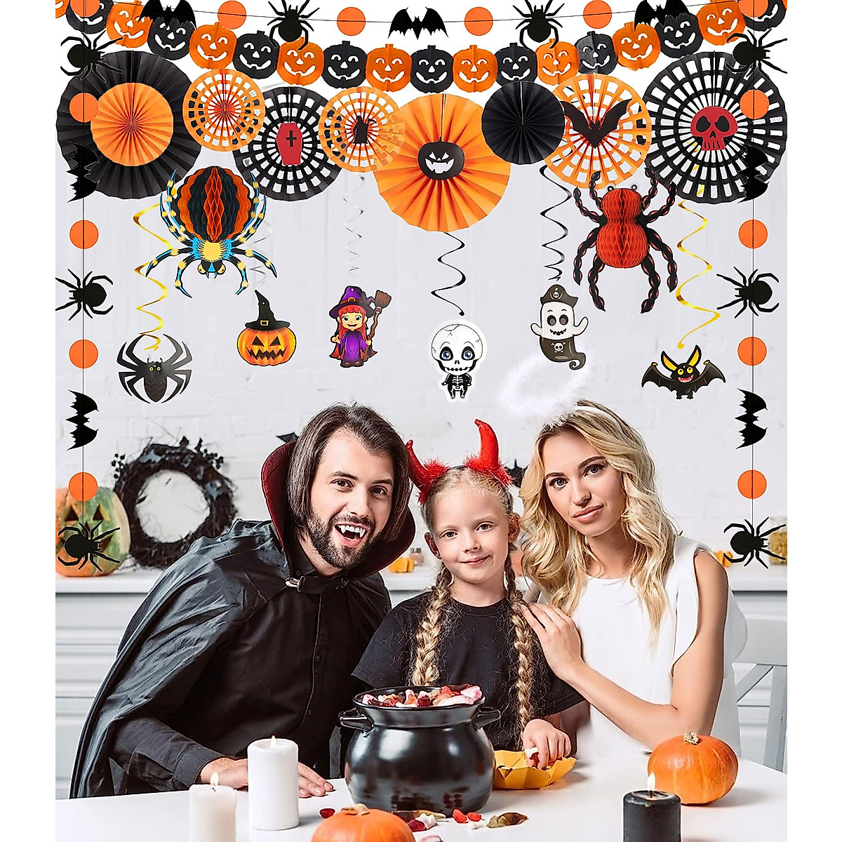 Halloween Hanging Paper Fans Decorations, Orange and Black Halloween Decor.Paper Spider Honeycomb, Hanging Swirls Decorations, Bat Pumpkin Spider Paper Garland for Wall Window Halloween Decorations.
