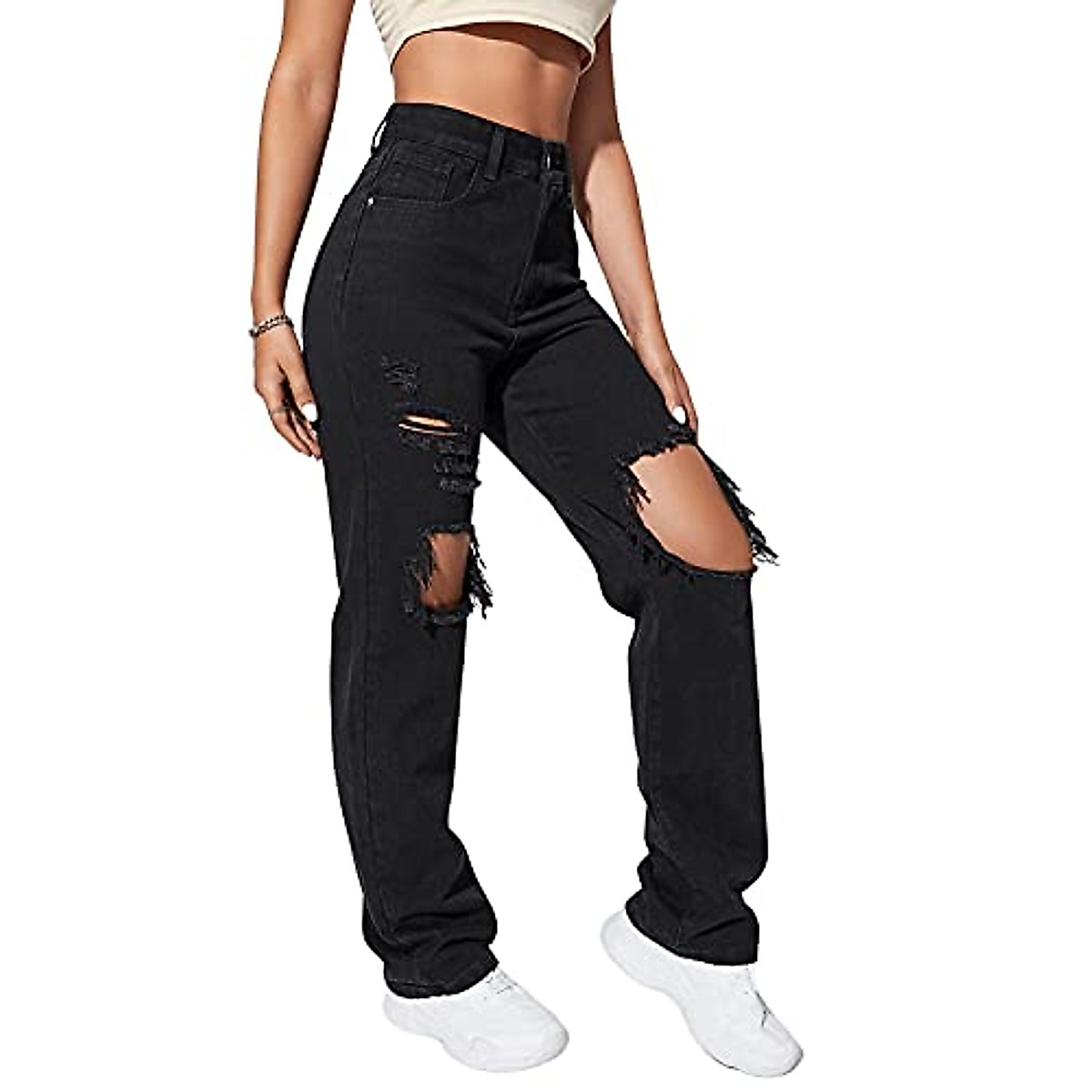 SweatyRocks Women's Casual Loose Ripped Denim Pants Distressed Wide Leg Jeans Black XL