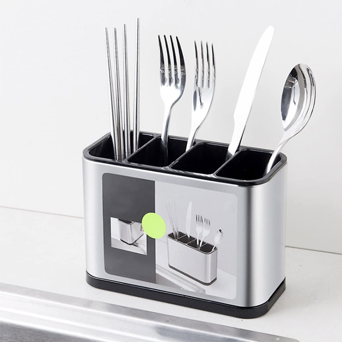 Keyohome Kitchen Cutlery Holder Stainless Steel Large Capacity Utensil Holder with Divider Weighted Base for No Tipping for All Kitchens Countertop or Table,18x13x8.6cm