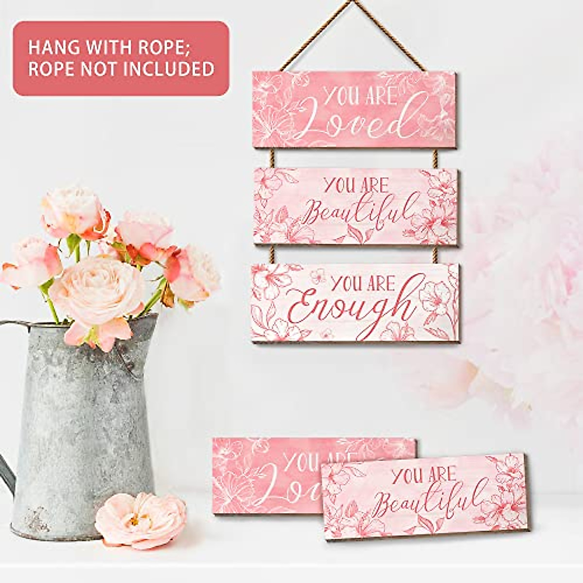 Pink Room Decor, Pink Wall Decor for Girls Bedroom, You Are Beautiful You Are Enough You Are Loved Sign, Positive Quotes Inspirational Wall Signs for Women, Wooden Hanging Wall Plaques