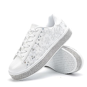UUBARIS Women's Glitter Tennis Sneakers Floral Dressy Sparkly Sneakers Rhinestone Bling Wedding Bridal Shoes Shiny Sequin Shoes White Size 8