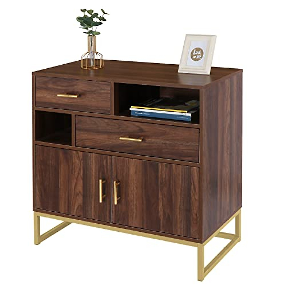 Anmytek Mid Century Wood 2 Doors Accent Storage Cabinet, Farmhouse Walnut Kitchen Buffet Sideboard with Drawers and Shelves Entryway Living Room H0038