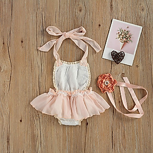 LeSury Baby Girl Tutu Dress Outfit Newborn Lace Halter Backless Jumpsuit Romper Sleeveless Bodysuit (Pink, 3-6 Months)