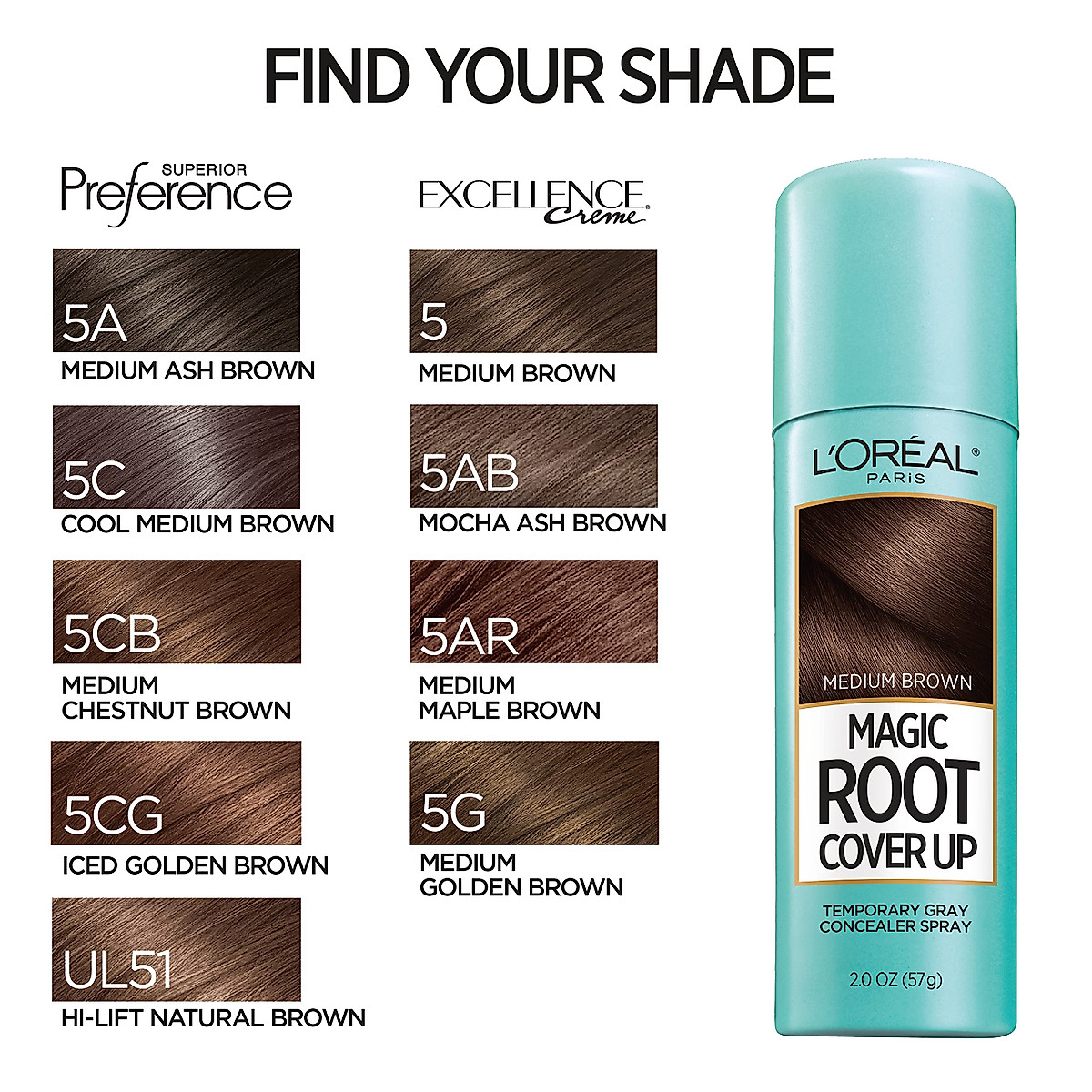 L'Oreal Paris Root Cover Up Temporary Gray Concealer Spray, Hair Color Spray with Filling & Thickening Coverage, Medium Brown, Packaging May Vary