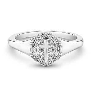 925 Sterling Silver Size 4 Small Classic Signet Religious Cross Rings for Children & Young Girls - Beautiful Oval Shape Plain Cross Ring Band for Preteens - Faithful Girl's Accessories for Daily Wear