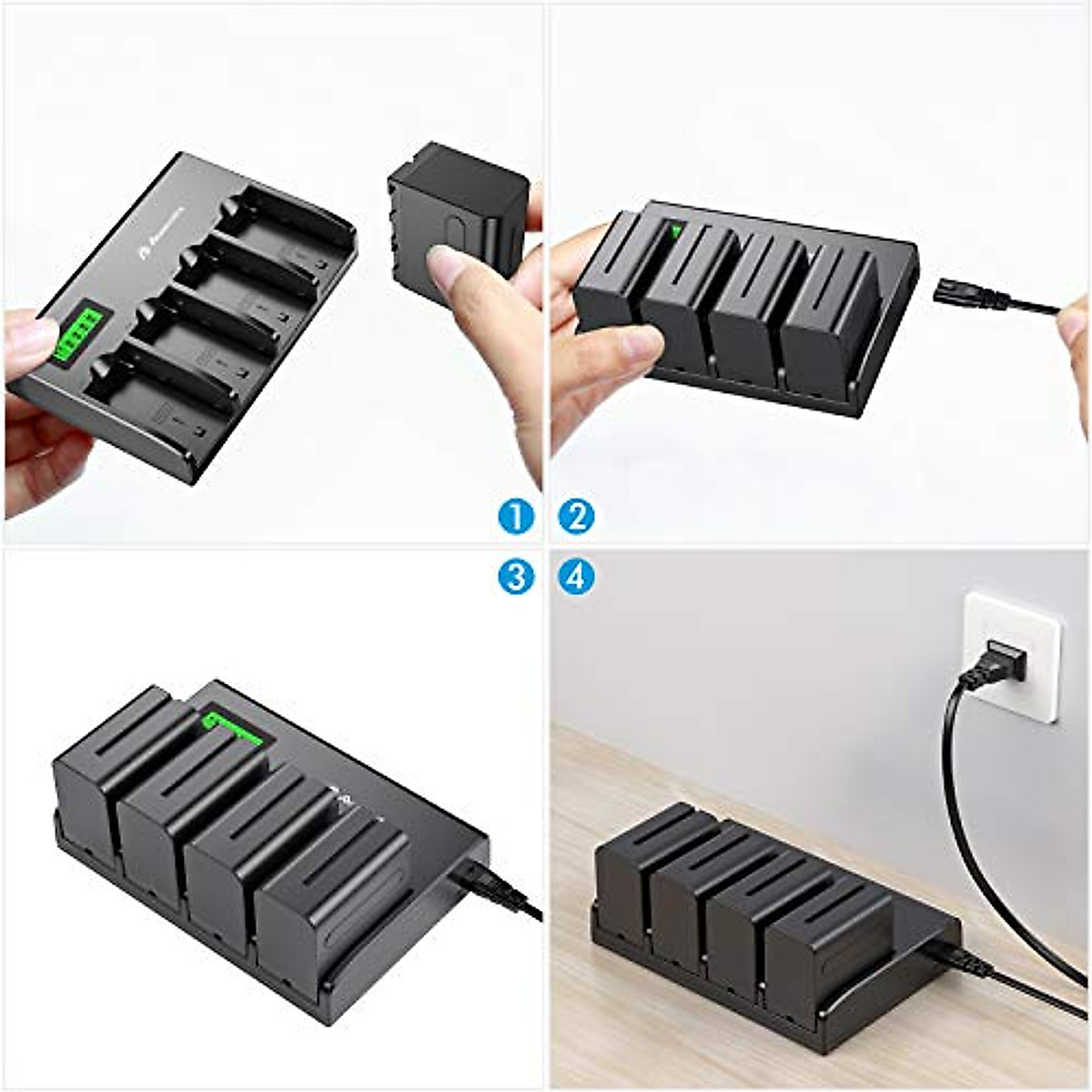 Powerextra 4 Pack Batteries and 4-Channel Charger for Sony NP-F970, NP-F960, NP-F950, NP-F930, NP-F770, NP-F750, NP-F570, NP-F550