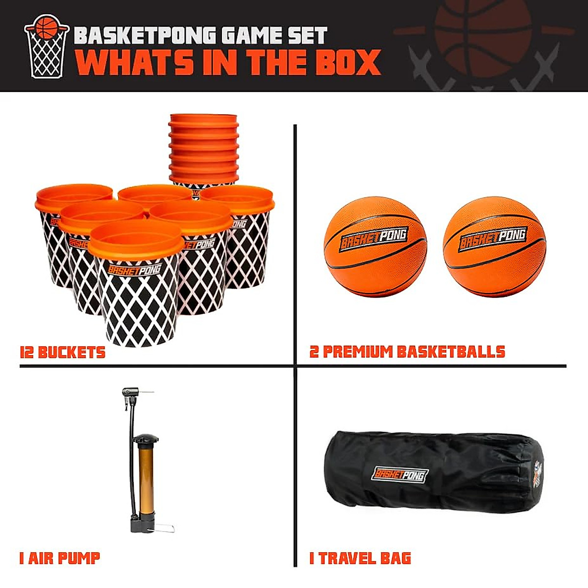 BasketPong Giant Yard Pong X Basket Ball Game with Durable Balls and Buckets Outdoor Game for Lawn, Backyard and Beach Set Includes 12 Buckets 2 Basket Balls Carrying Bag and Air Pump