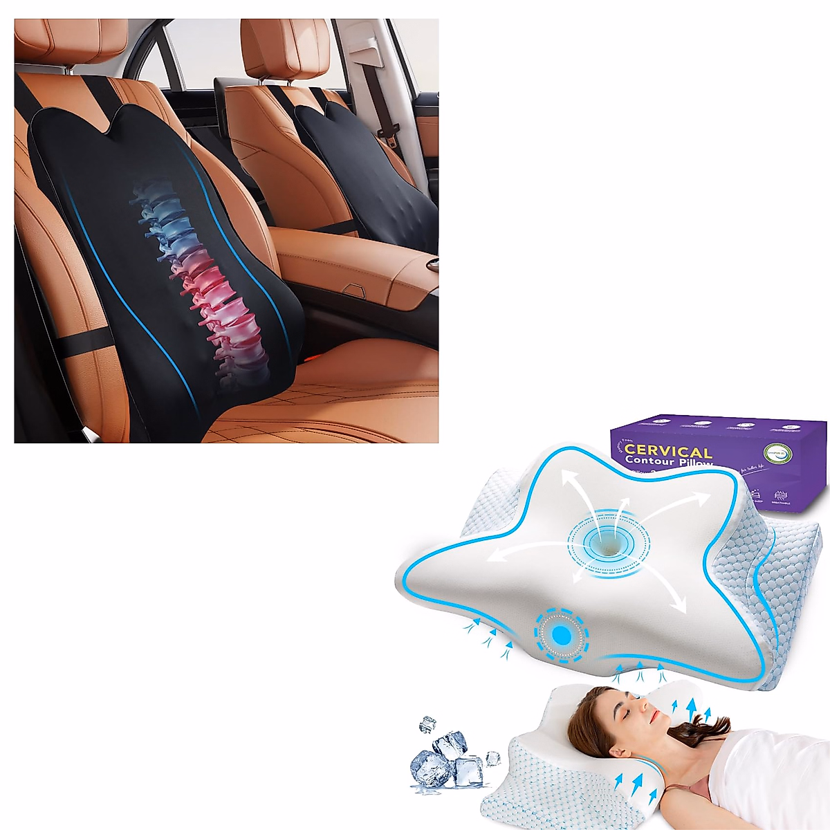 Iwacool Cooling Cervical Pillow for Neck Pain Relief and Lumbar Support Pillow for Car Seat