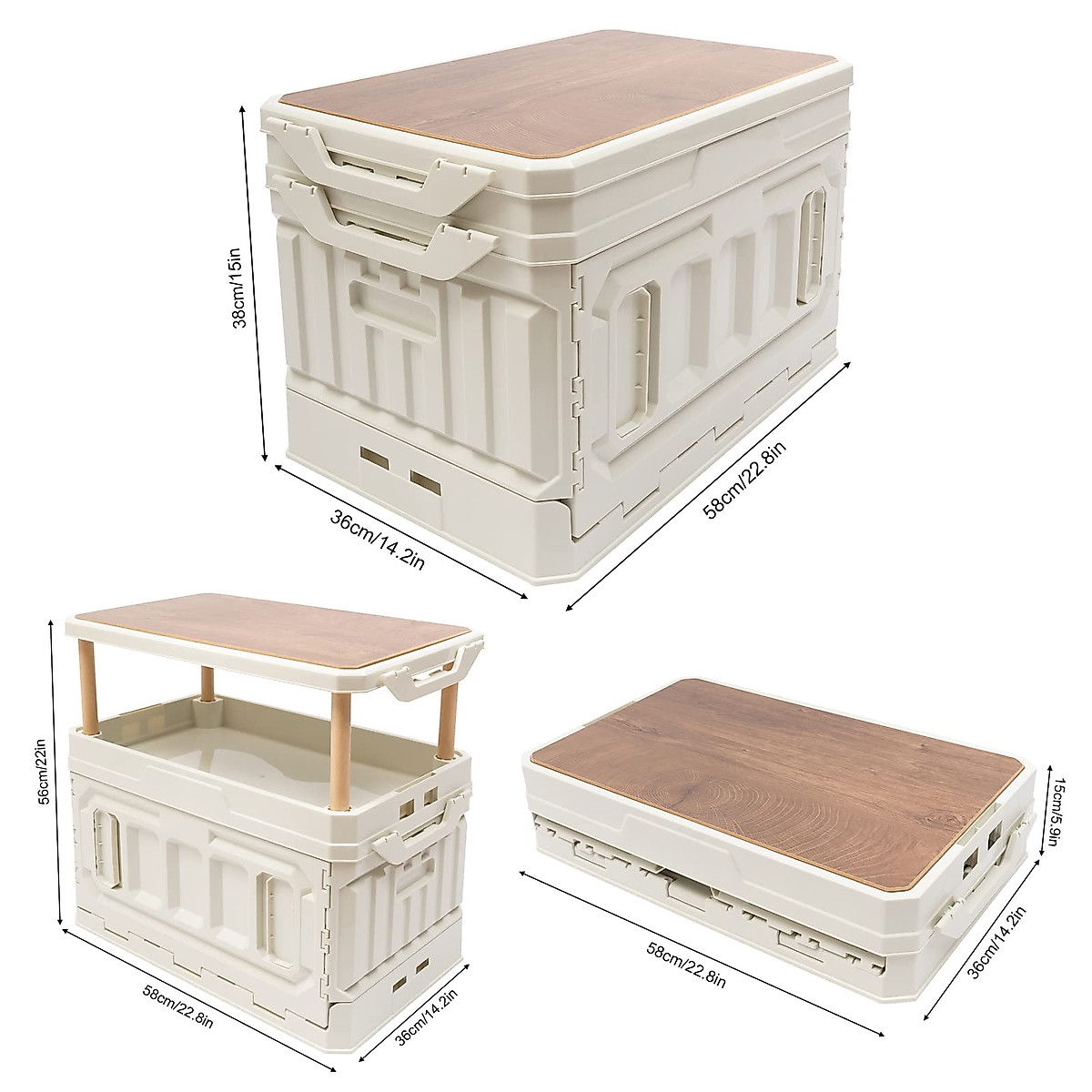 LUGBING Folding Storage Box, Outdoor Portable Camping Collapsible Storage Bin with Wooden Lid Plastic Storage Container for Car, Toys, Camping, Picnic