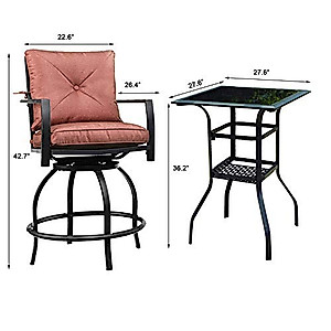 PatioFestival Outdoor Bar Stools Bar Height Patio Chairs Swivel Bar Stool Patio Furniture Tall High Counter Chair Bistro Set with Glass Top Table Back Padded Cushion for Balcony Pub