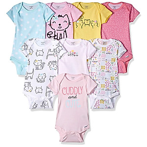 Onesies Brand Baby Girls' 8-Pack Short Sleeve Mix & Match Bodysuits, Cuddly Cats & Flowers, 0-3 Months
