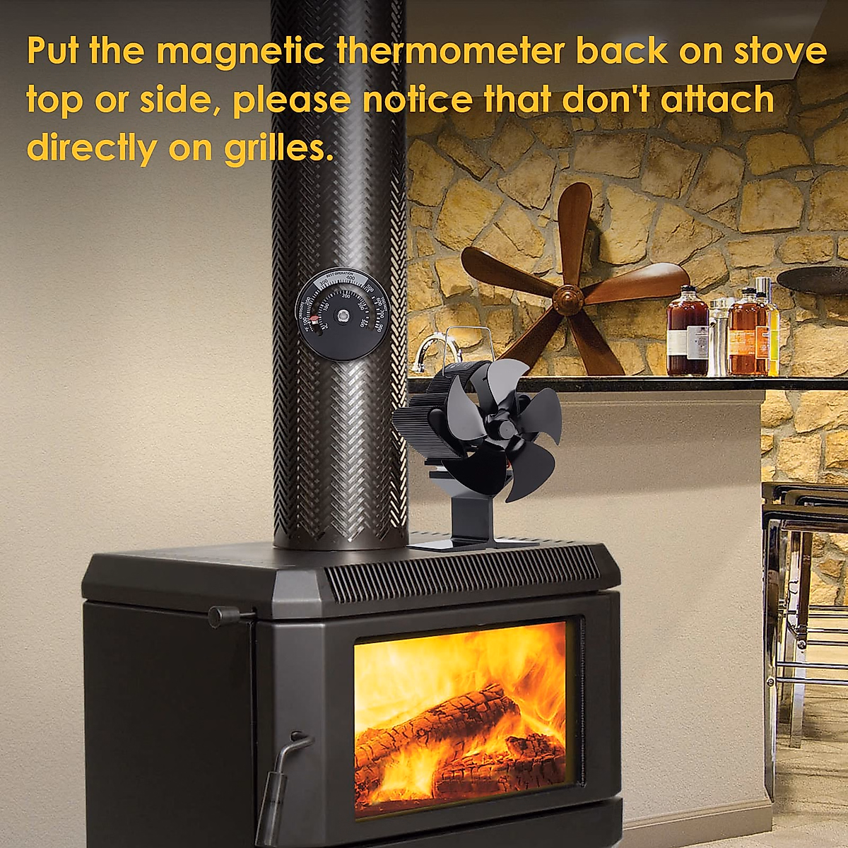 Heat Powered Stove Fan with Magnetic Thermometer, 5 Blade Wood Stove Fan, Ultra Quiet Non Electric Fireplace Fan for Wood Burner Stove/Log Burner/Fireplace