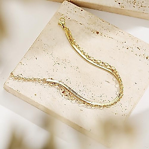 Pencros Gold Layered Bracelet,14K Gold Filled Dainty Herringbone Elegant Pearl Oval Chain Cute Beads Bracelet for Women (Layer Snake Chain Gold)