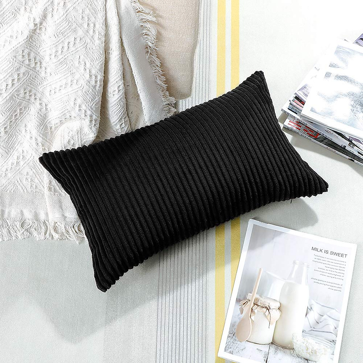 Artscope Cozy Striped Corduroy Pillow Covers Super Soft Decorative Oblong Throw Pillow Covers Case Cushion Covers for Sofa Couch Bedroom Car Decor 12 x 20 Inches, Black