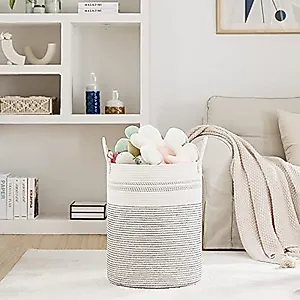 72L Large Woven Rope Laundry Hamper by Fiona's magic, Tall Laundry Basket Storage, Baby Nursery Hamper for Blankets, Toys and Clothes Hamper for Bedroom and Living Room Organizing, Jute, White