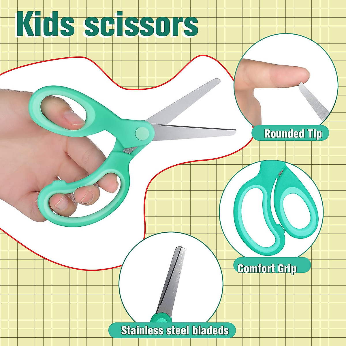 Lanties 96 Pcs Kids Scissors Bulk Student Stainless Steel Scissors Safety Blunt Tip Scissors for Craft School Home Classrooms Supplies (Red, Green, Yellow)