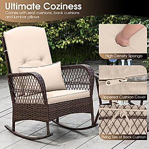 RELAX4LIFE 3-Piece Rocking Bistro Set - Rattan Wicker Rocking Chairs w/2-Tier Coffee Table, Cushions & Pillows, Conversation Rocker Set for Porch Garden Backyard, Outdoor Patio Furniture (Beige)