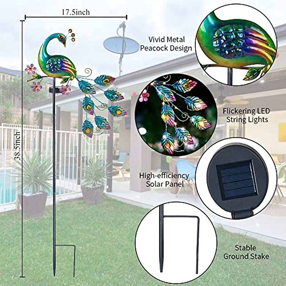 DREAMSOUL Pathway Lights Solar Powered, Metal Peacock Garden Decor - Waterproof Peacock Solar Walkway Lights for Outdoor Yard Lawn Driveway Decorations