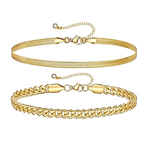KissYan Gold Layered Ankle Bracelets for Women, Dainty 14k Gold Plated Layering Anklets Set Adjustable Fashion Cuban Link Snake Tennis Chain Ankles Summer Beach Foot Jewelry