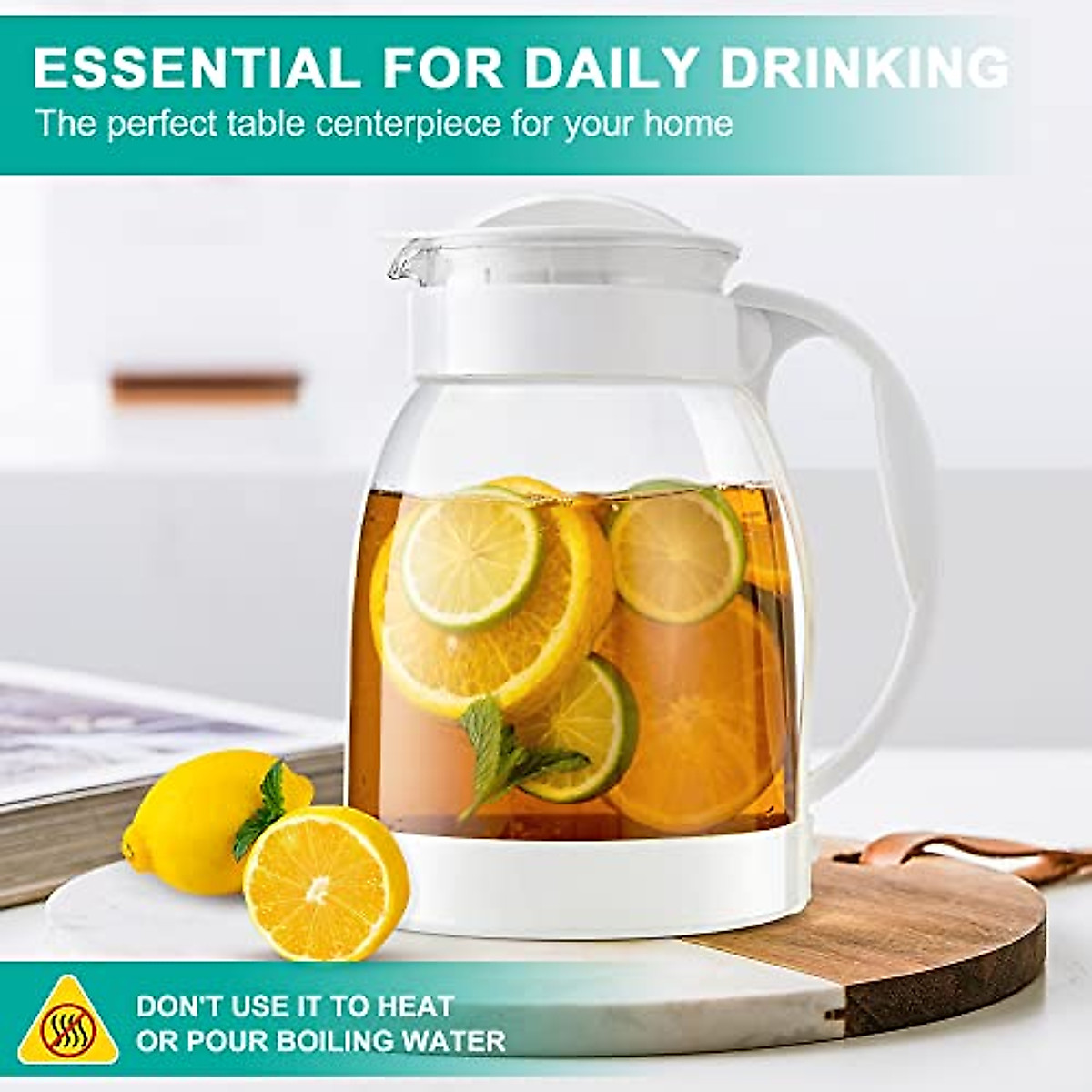 Glass Pitcher - HIHUOS 68oz Water Pitcher with Lid and Spout - Refined Beverage Pitcher with Handle for Easy Cleaning, Glass Jug for Water, Iced Tea, Juice, Lemonade