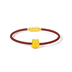 ZHOU LIU FU 24K Solid Gold Bracelet Real Gold Lucky Cat Charm Bracelet Yellow Gold Jewelry Fortune Cat Charm Bracelet for Women Red Bracelets (24K Solid Gold, 17cm /6.69 inch)