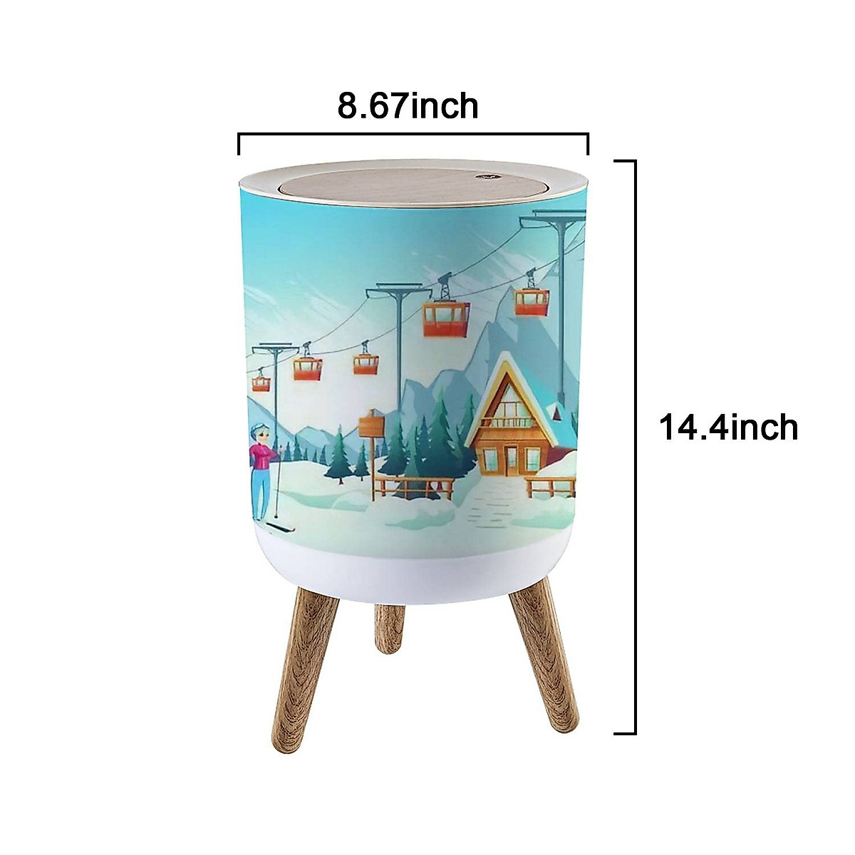Small Trash Can with Lid Winter vacation active weekend leisure in mountain resort cartoon Waste Bin with Wood Legs Press Cover Wastebasket Round Garbage Bin for Kitchen Bathroom Bedroom Office