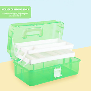 Zhousensen 13in Three-Layer Clear Art Storage Box Craft Organizer, Folding Tool Box with Handle, Art & Crafts Case/Sewing Supplies Organizer for Home School Office Travel (Green)