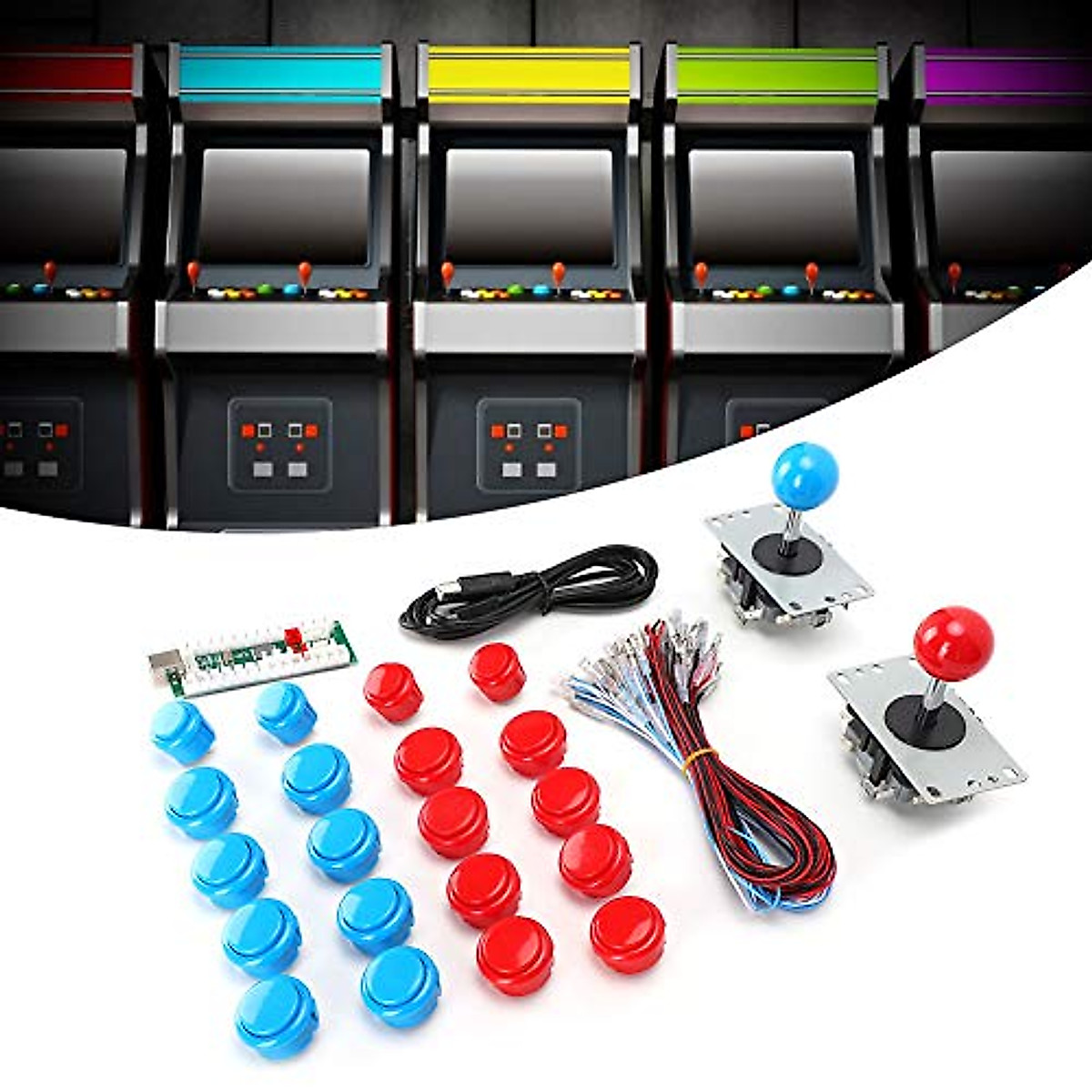 USB Game Set, Fighting Game Accessory Professional Made Can Be Connected to Button Lights Can Be Connected to Various Devices for Silky Arcade Experience(Double Suit Blue + red)