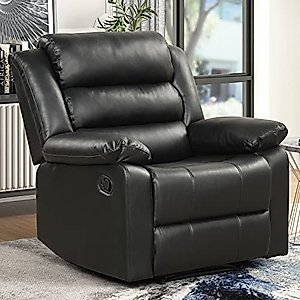 ANJ Manual Recliner Chair, Breathable PU Leather Reclining Chair, Extra Wide Recliners with Overstuffed Arm and Back, Single Sofa Chair for Living Room Bedroom(Black)