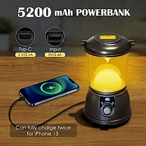 Sinvitron LED Camping Lantern Rechargeable, Up to 150H Play, 5 Light Mode, 5200mAh Power Bank, IPX5 Waterproof, Tent Lights Lantern Flashlight for Power Outages, Hurricane, Emergency, Home (Black)