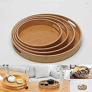 Bamboo Wood Round Tray w/Handles, Tea & Coffee Table Decorative Serving Tray Food Storage Platters for Serving Beverages & Food on Bar Living Room Home Dining Table (C - 35 cm/ 13.78 inch)